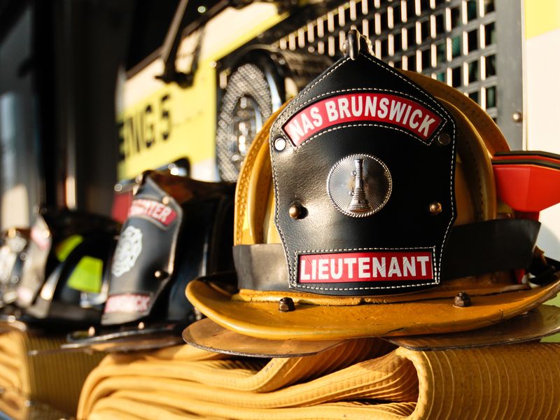 Fire helmets at Brunswick Naval Air Station taken shortly before the ...