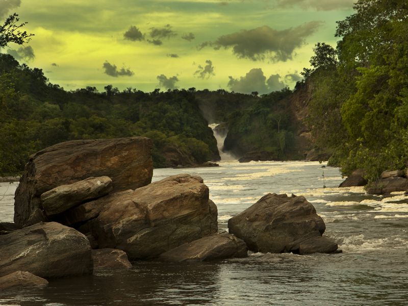 The Nile River explodes through a small crack in the rocks before ...