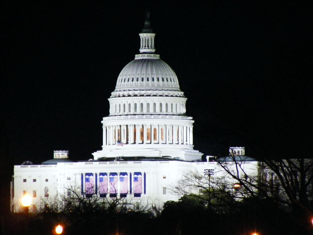 The U.S. Capitol with flags hanging on the night of President Barack ...