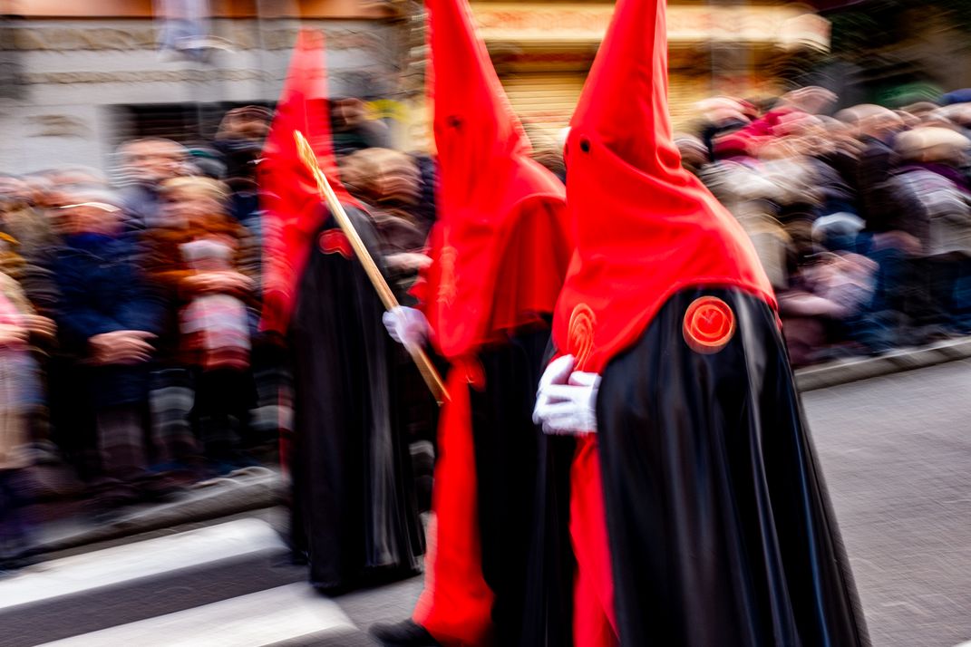 Three Nazarenes in the Procession of Solitude in Holy Week in Madrid ...