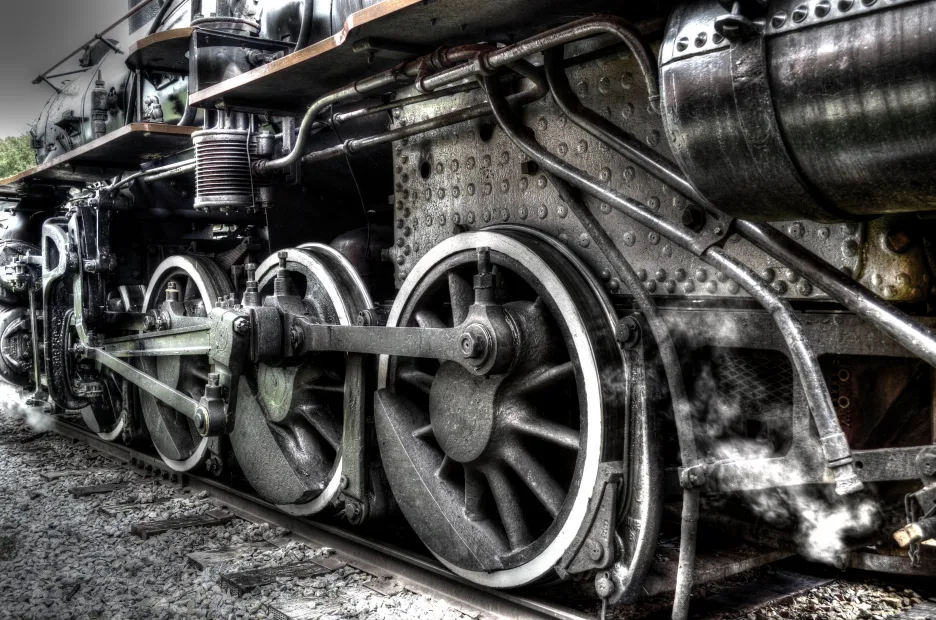 Close up of wheels on a 1872 steam locomotive located in Arcade, New ...