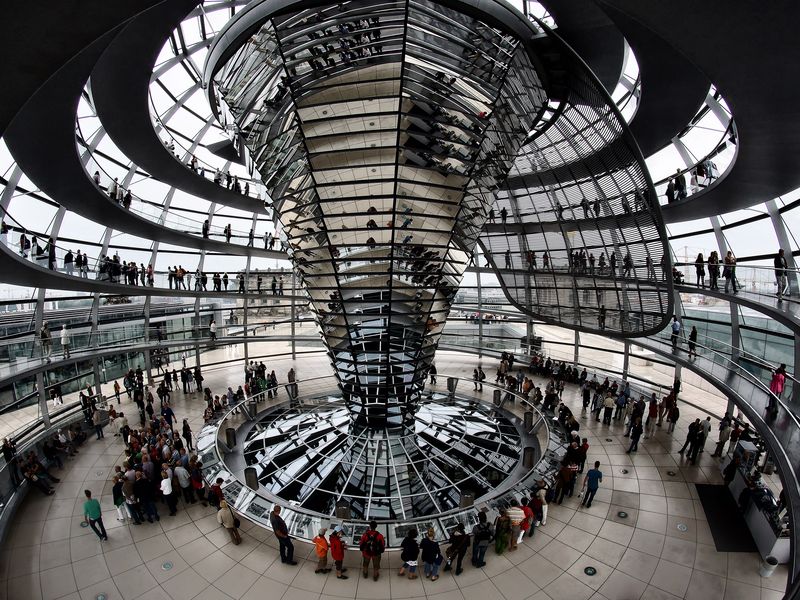 The dome of the Reichstag building in Berlin, Germany. The large glass ...