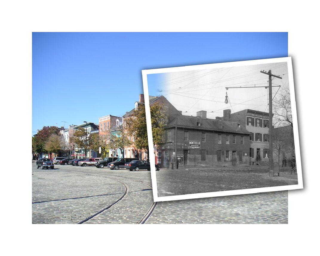 Combination of antique image of Fells Point, Baltimore overlaying as it ...