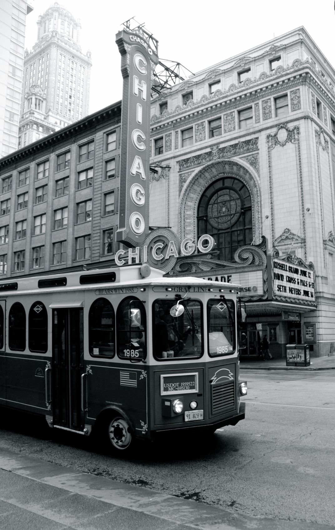 Iconic Chicago theatre and the trolley bus makes you feel like you have ...