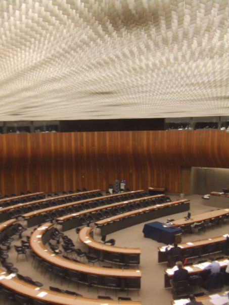 Overlooking one of the assemblies in the UN headquarters in Geneva ...