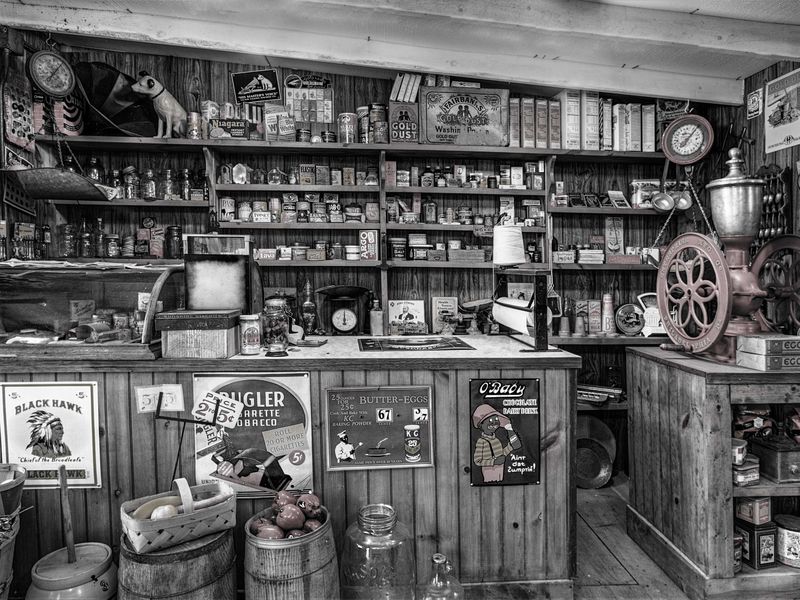 Interior of and old general store, circa 1930. This store is frozen in ...