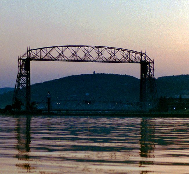 Duluth, MN's Aerial Lift Bridge viewed from Lake Superior with Enger ...