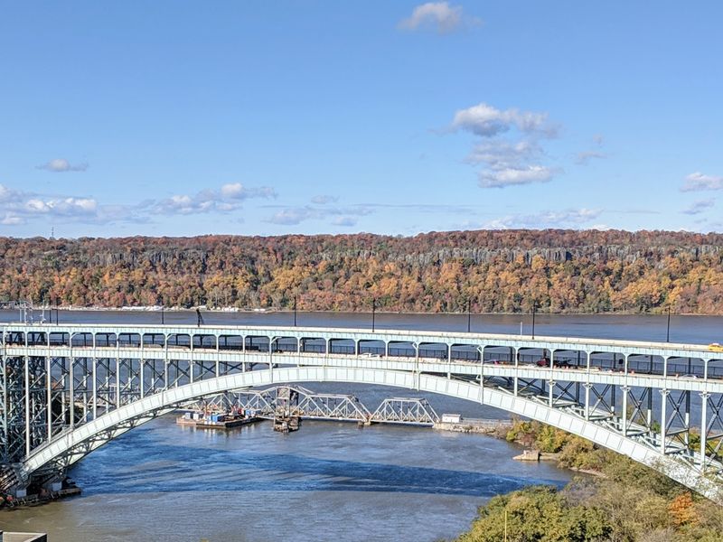 The Henry Hudson Bridge, the Harlem and Hudson Rivers and the Palisades ...
