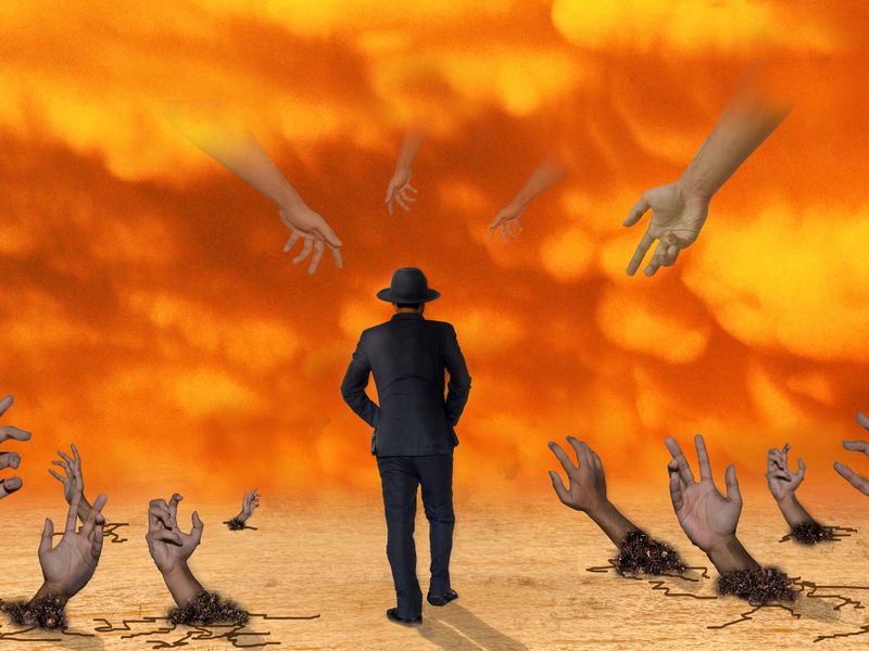 C omposite image with a man walking, while gods and demons try to get ...