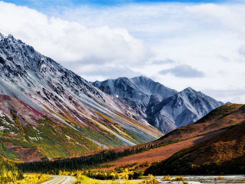 Driving along the Richardson Hwy, Alaska - Rainbow Ridge in the fall ...