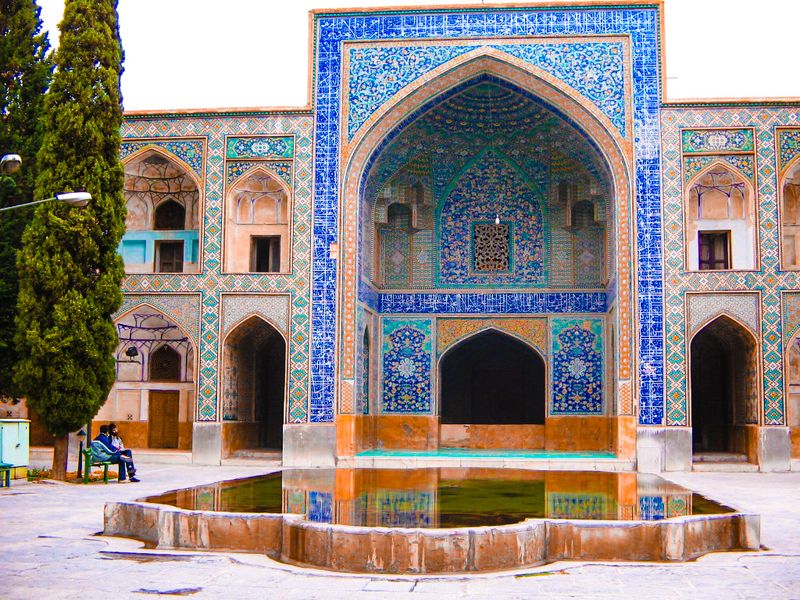 Central court of Chaharbagh theological school in Isfahan, Iran. It is ...