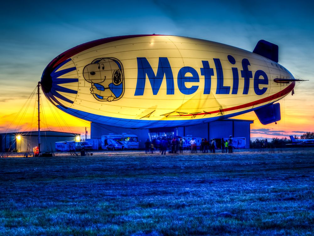 The MetLife blimp Snoopy 1 is moored at Coulter Field in the fall of ...