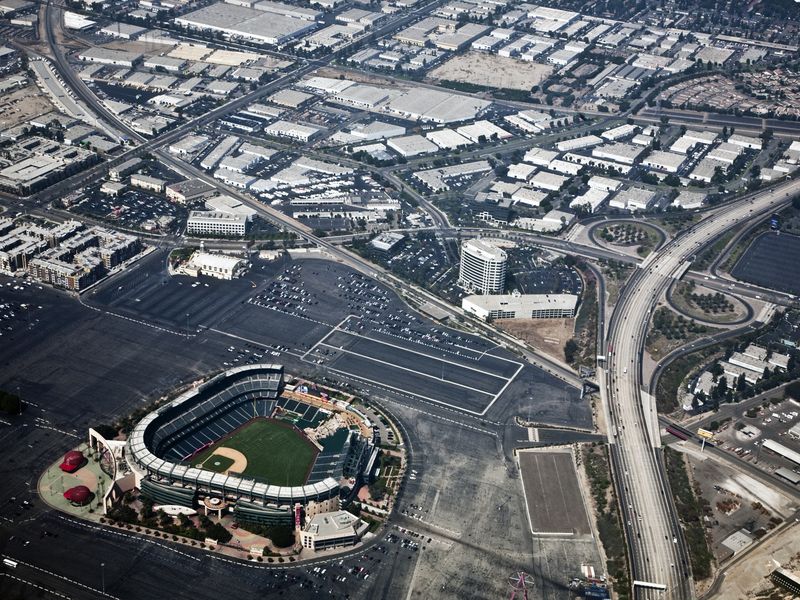 Aerial view of the famous Angel stadium of Anaheim and its surrounding ...