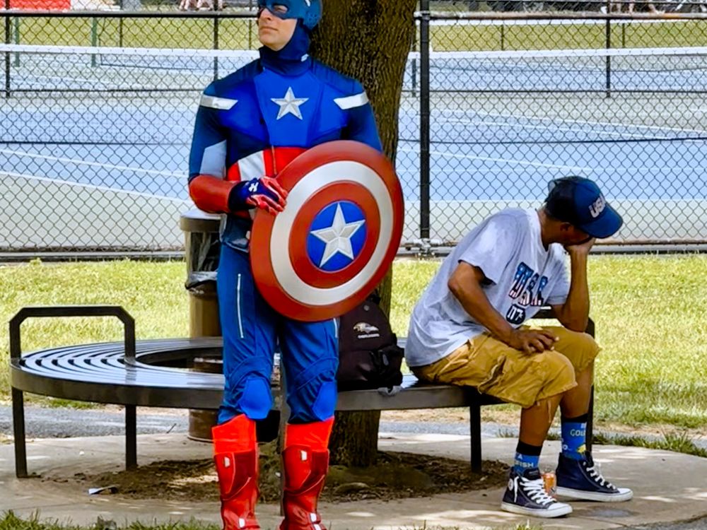 Captain America (a cosplayer?) protecting the residents of Frederick ...