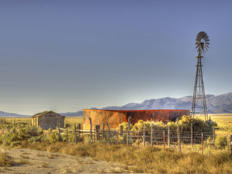 The Nevada Cattle Ranch Windmill is broke, the tank is dry, the morning ...