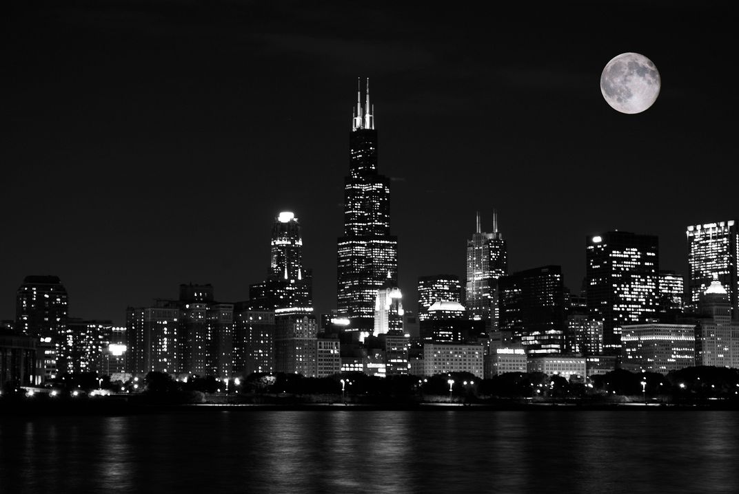 The moon over downtown Chicago and Lake Michigan | Smithsonian Photo ...